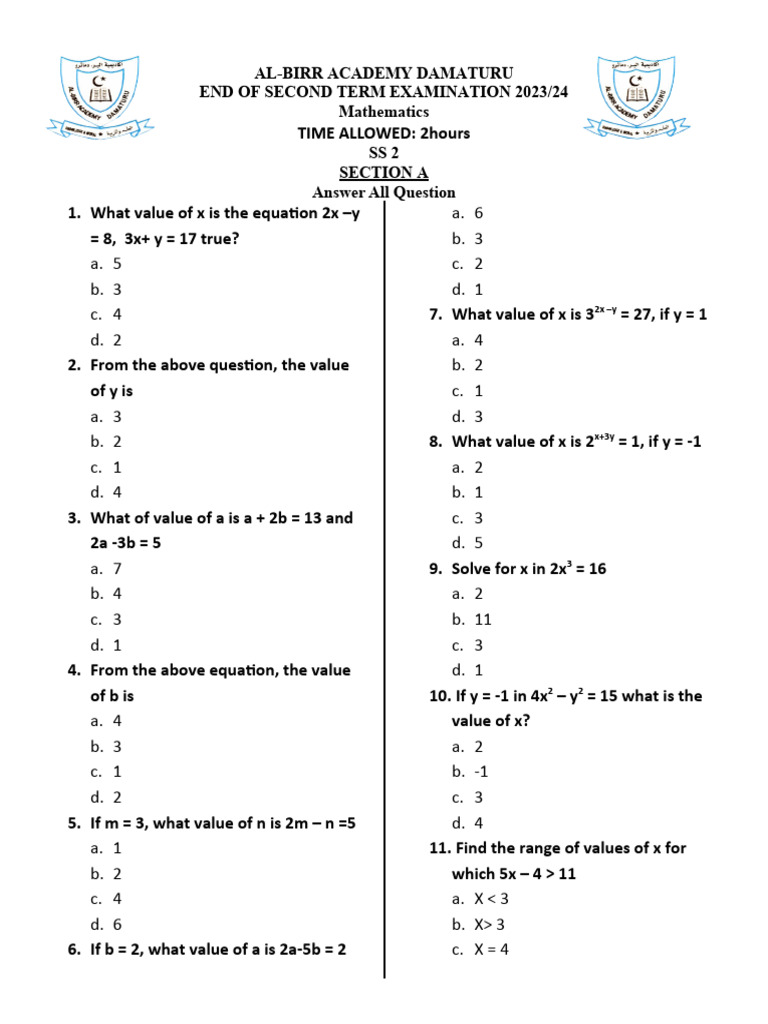 mATHS Second Term ss2 2023-2024 | Download Free PDF | Equations ...