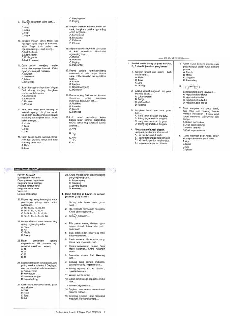 Latihan Soal PAS Bahasa Bali Kelas 6 Semester 2 | PDF