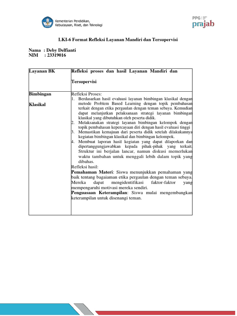 LKI-6 Format Refleksi Layanan Mandiri Dan Tersupervisi - Deby Delfianti ...