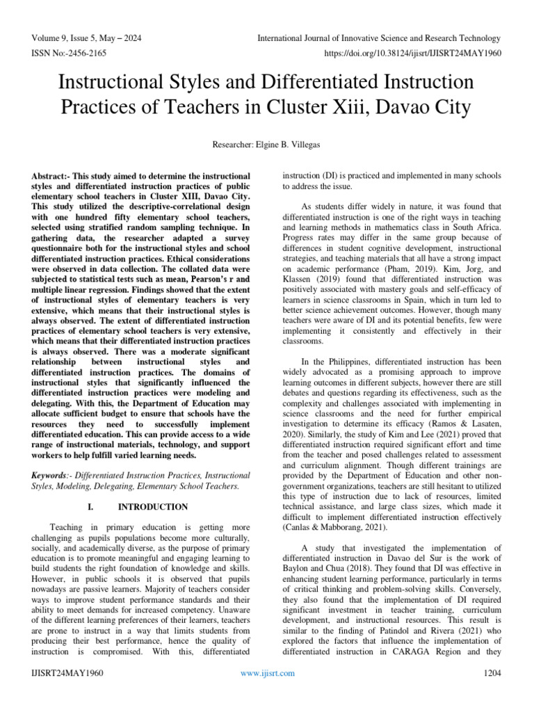 Instructional Styles and Differentiated Instruction Practices of Teachers in Cluster Xiii, Davao ...