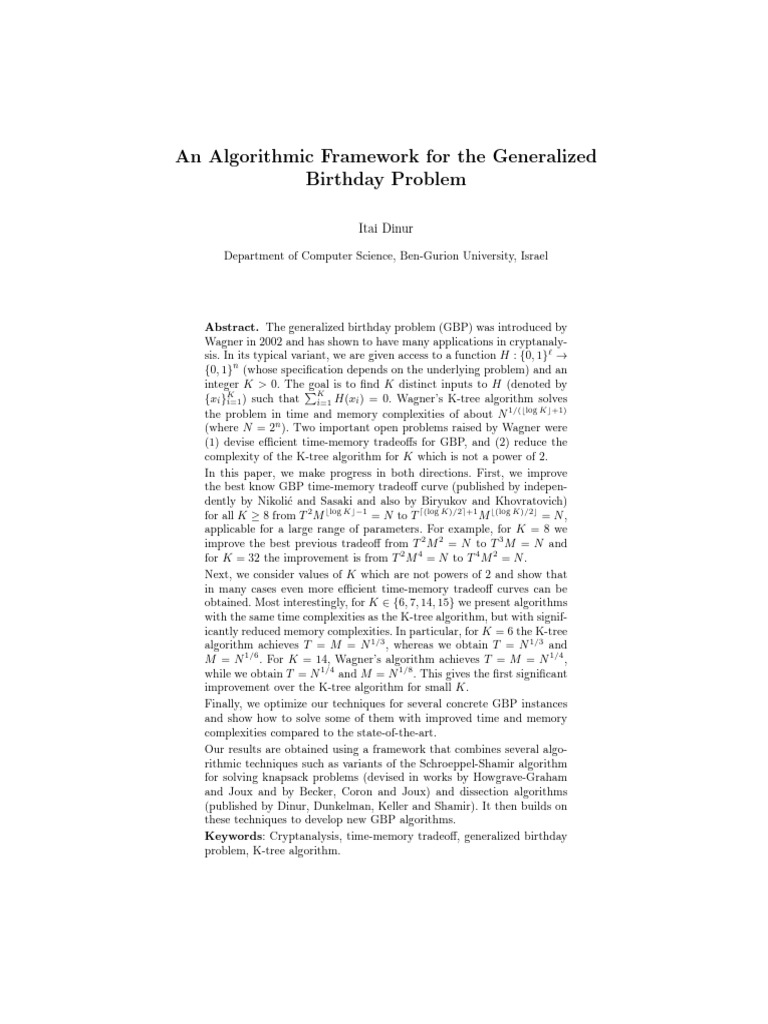 An Algorithmic Framework For The Generalized Birthday Problem | PDF | Algorithms | Function ...