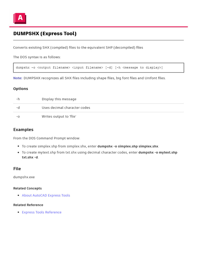 AutoCAD 2023 Help - DUMPSHX (Express Tool) - Autodesk | PDF