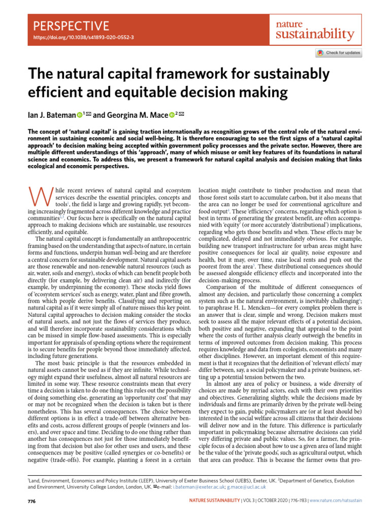 The Natural Capital Framework For Sustainably Efficient and Equitable ...
