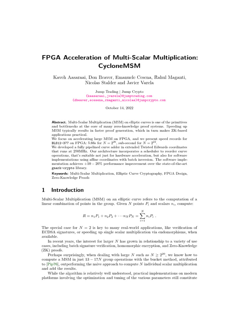 FPGA Acceleration of Multi-Scalar Multiplication: CycloneMSM | PDF | Field Programmable Gate ...