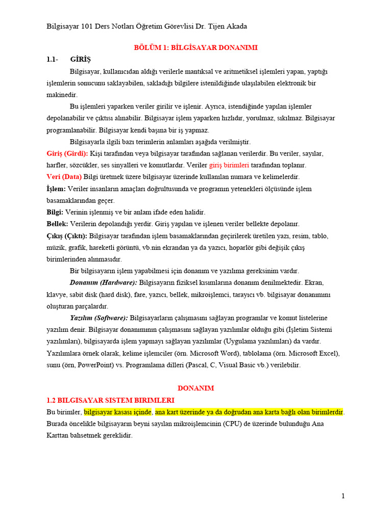 Bil+101 Donanim+notlari Doc+ 2 | PDF