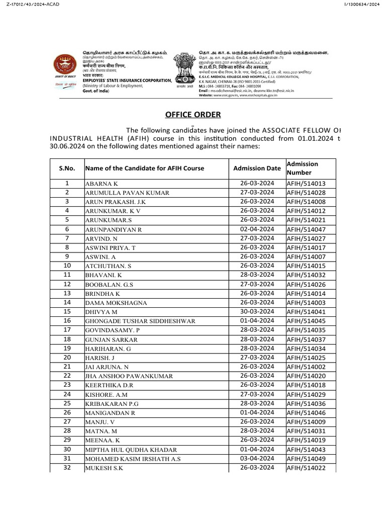 AFIH Course Admission List 2024 | PDF