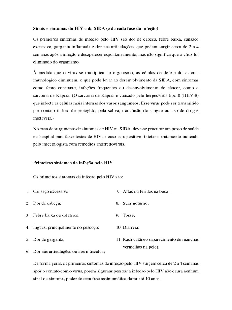 Sintomas do HIV e SIDA: Guia Completo | PDF | HIV/AIDS | HIV