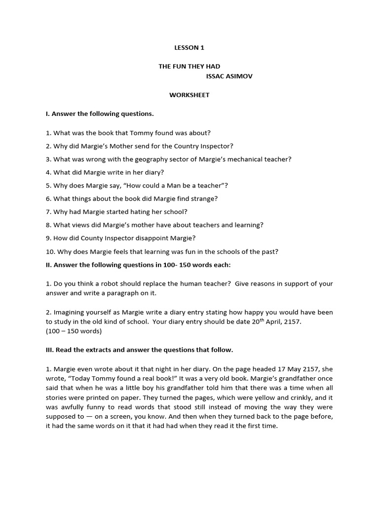Exploring "The Fun They Had" Worksheet | PDF