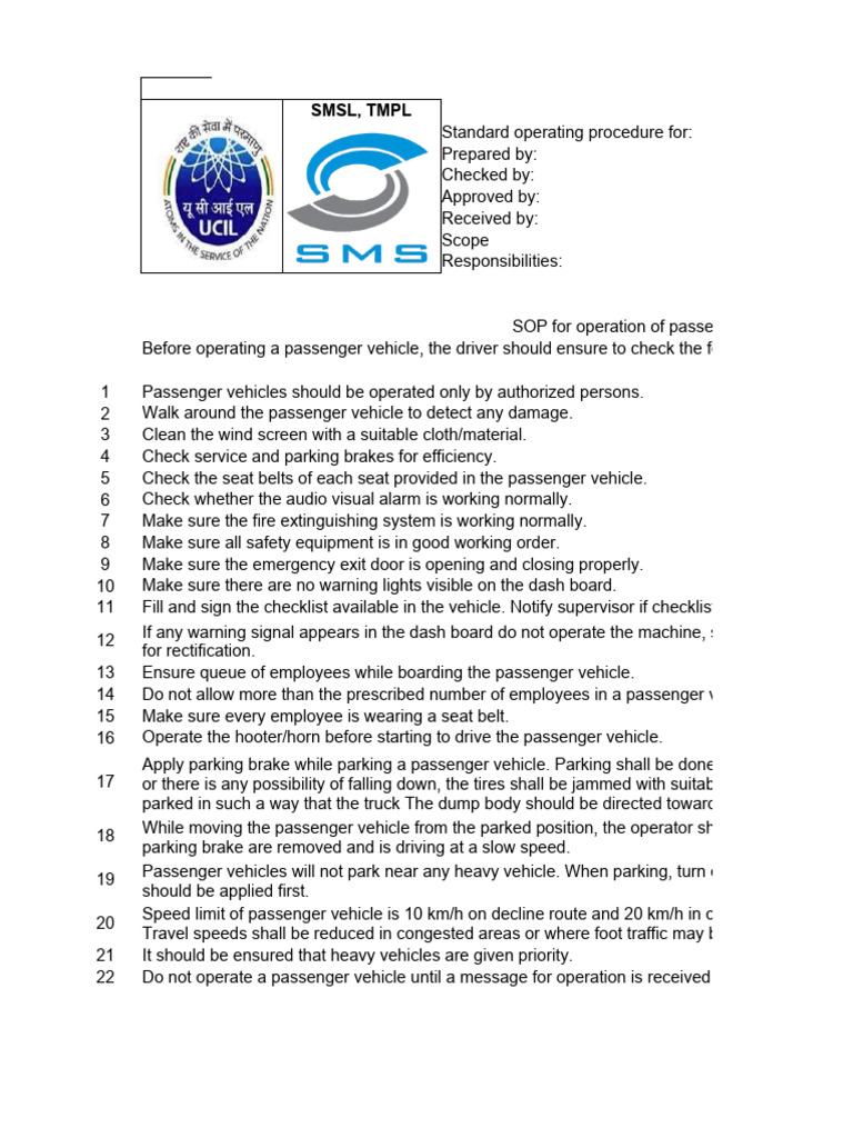 SOP For Passenger Carrier TMPL | PDF | Vehicles | Car