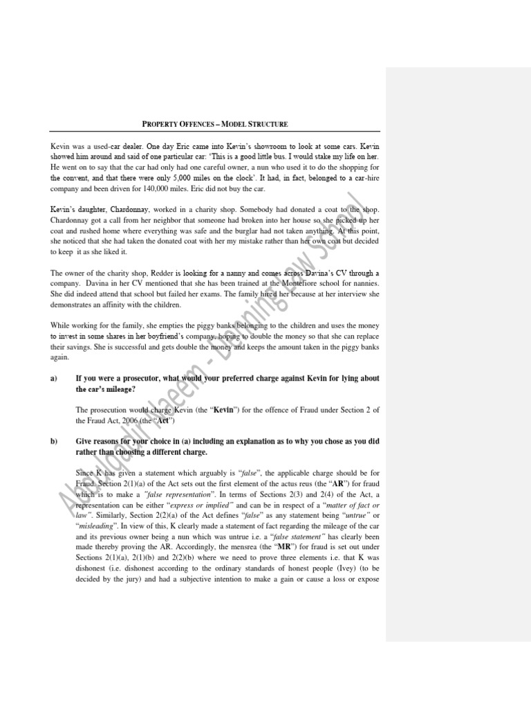 Property Offences - Model Answer | PDF | Theft | Dishonesty