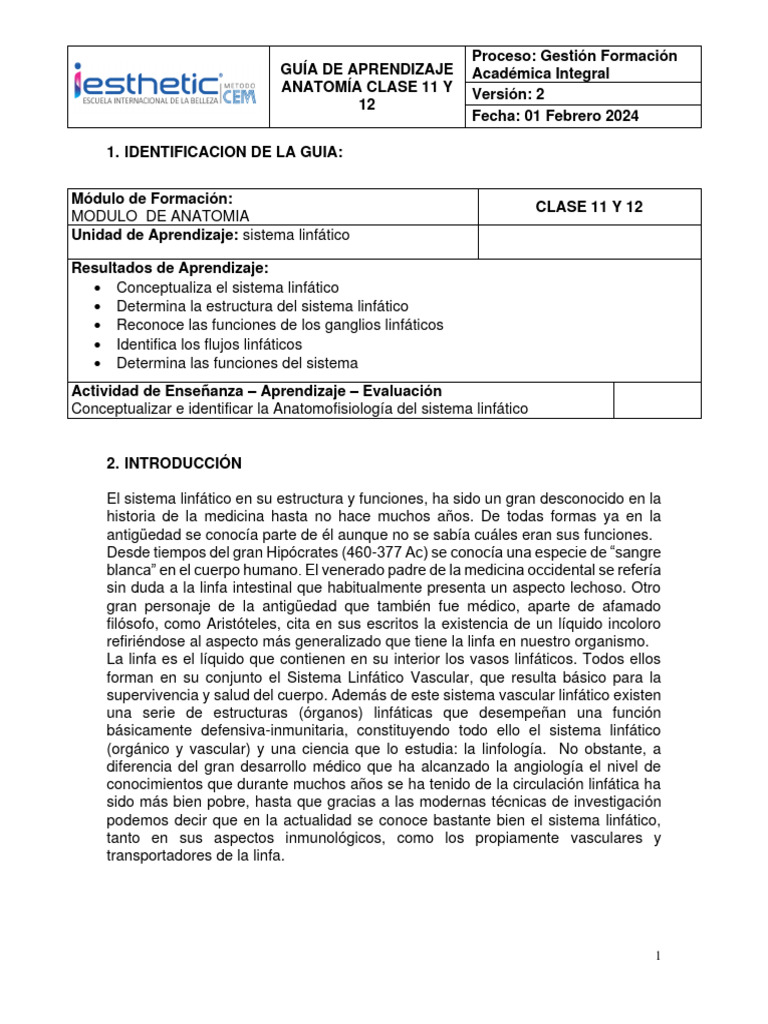 Guia de Aprendizaje Anatomia Clase 11 y 12 v.2 | PDF | Sistema linfático | Linfa