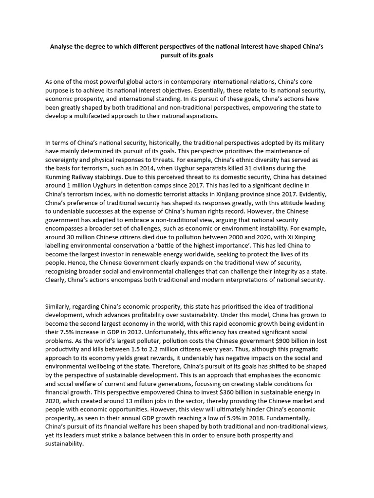 Analyse The Degree To Which Different Perspectives of The National Interest Have Shaped China's ...