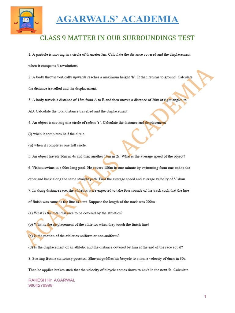 Class 9 Motion Test Paper | PDF | Speed | Circle