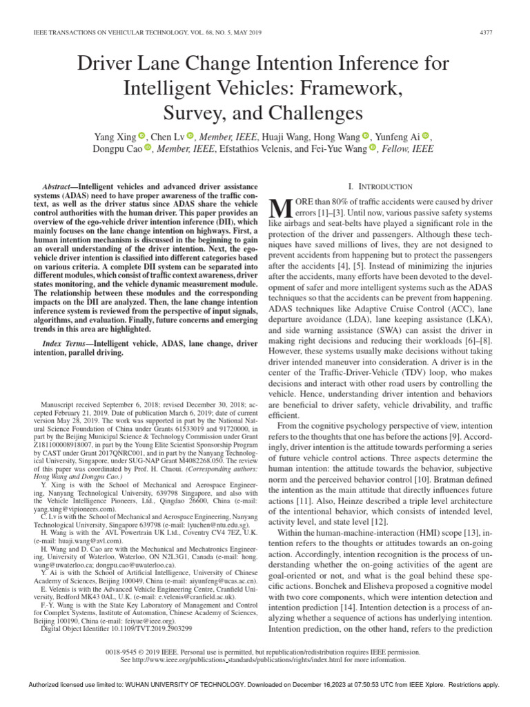 Driver Lane Change Intention Inference For Intelligent Vehicles Framework Survey and Challenges ...