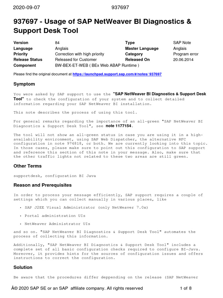 Usage of SAP NetWeaver BI Diagnostics & Support Desk Tool | PDF | Java (Programming Language ...