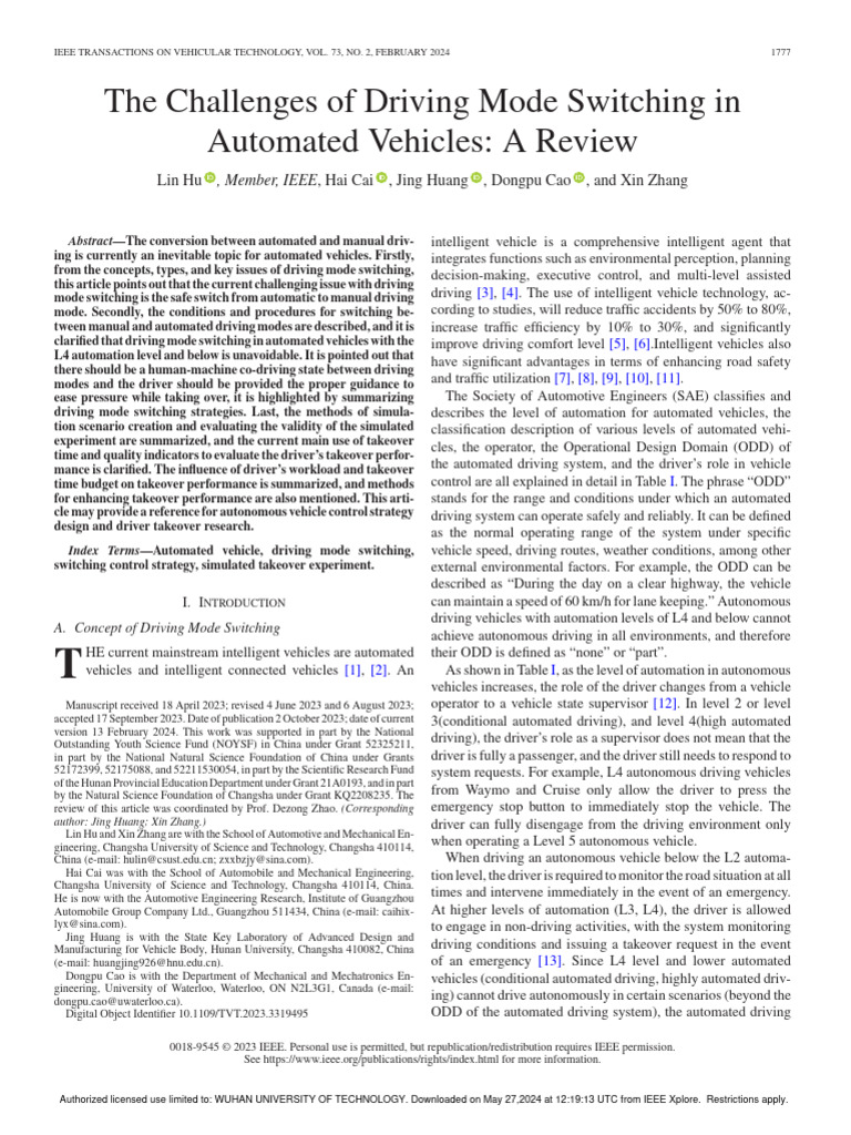 The Challenges of Driving Mode Switching in Automated Vehicles A Review | PDF | Automation ...