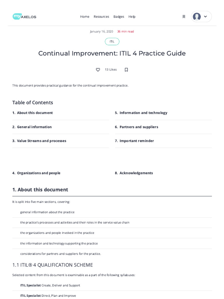 ITIL 4 Practice Guide CM Continual Improvement | PDF | Performance ...