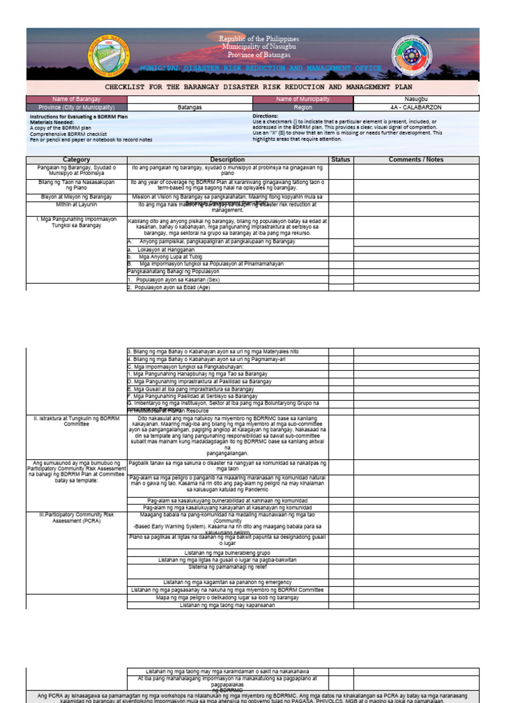 Checklist For BDRRM Plan | PDF