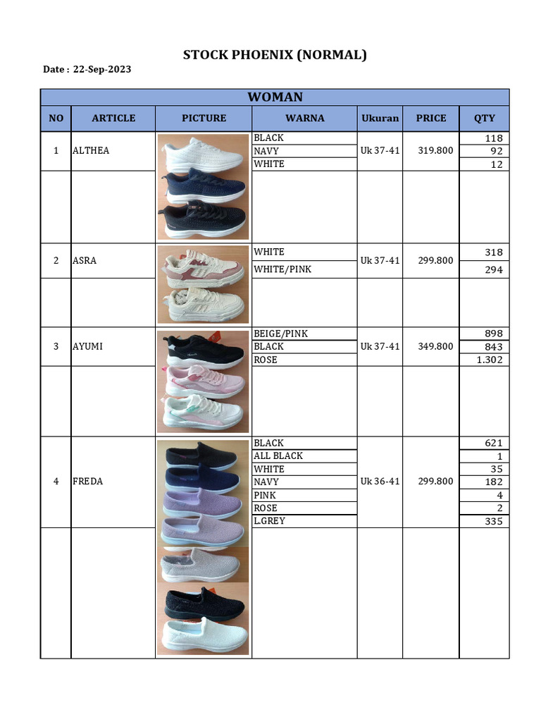 Footwear Inventory and Pricing List | PDF