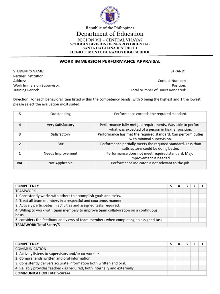 Immersion Evaluation Form | PDF | Psychological Resilience | Social ...