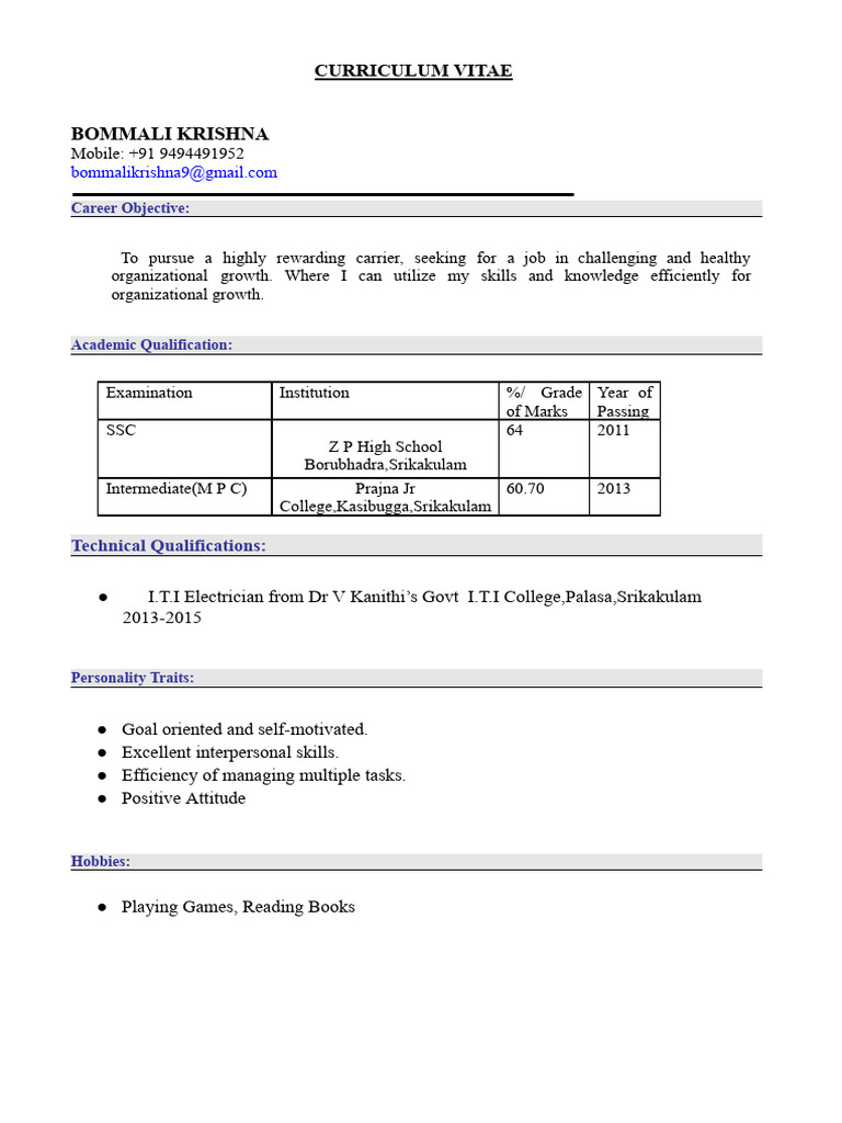 Bommali Krishna CV: Electrician Skills | PDF | Behavioural Sciences | Cognition