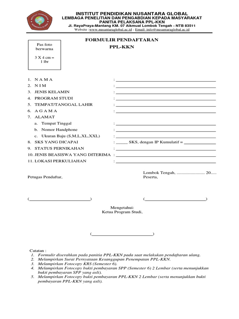 Formulir Pendaftaran PPL KKN 2024 | PDF