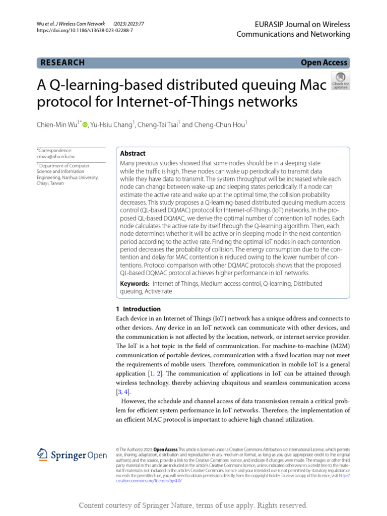 A Q-Learning-Based Distributed Queuing Mac Protoco | PDF | Computer Network | Wireless Sensor ...