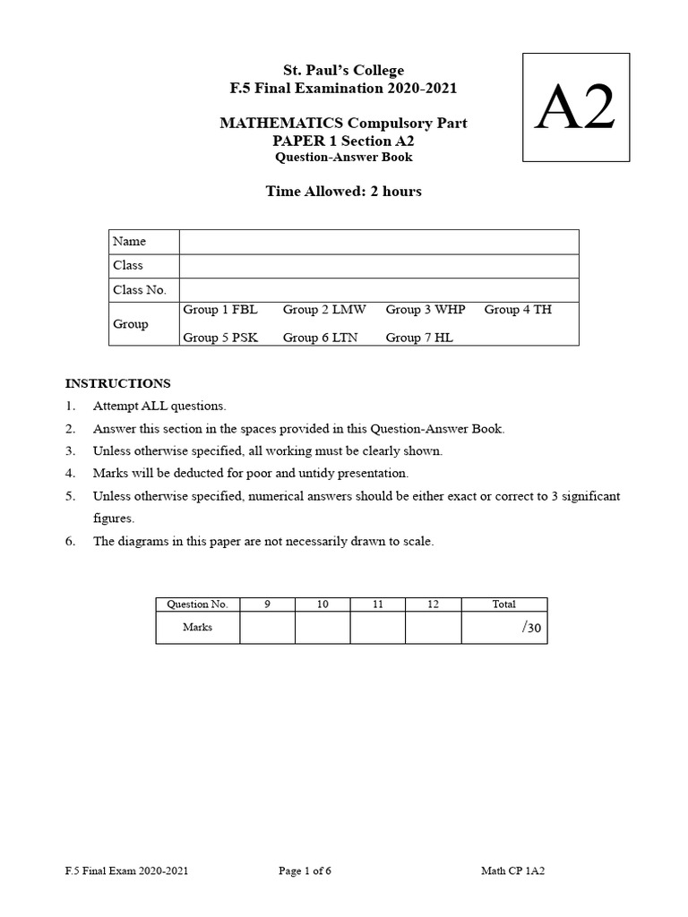2021 F5 T2 Paper 1 Section A2 QAB | PDF | Cartesian Coordinate System ...