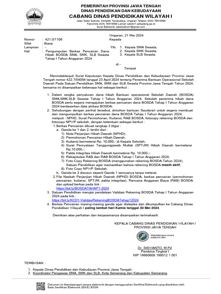 KCD1-Pengumpulan Berkas Pencairan Dana Hibah BOSDA SMA SMK SLB SWASTA ...