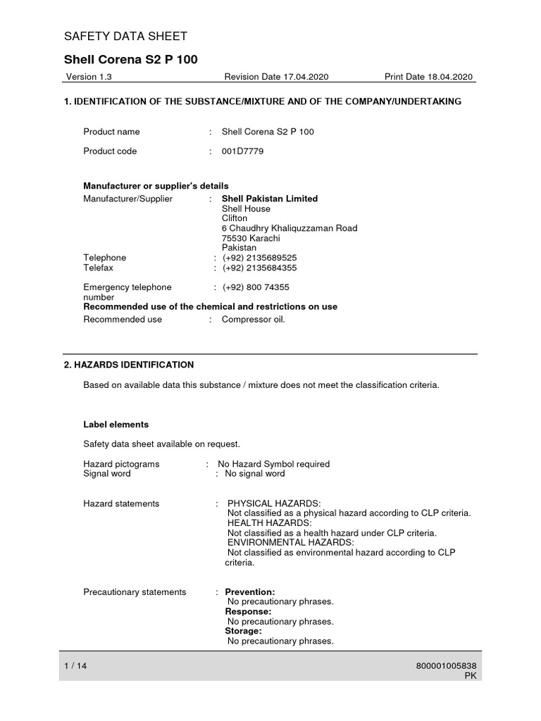 Shell Corena S2 P 100 Safety Data | PDF | Toxicity | Water
