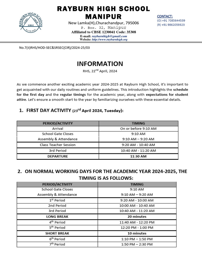 3 First Day School Timings For The Academic 2024 | PDF | Clothing | Fashion