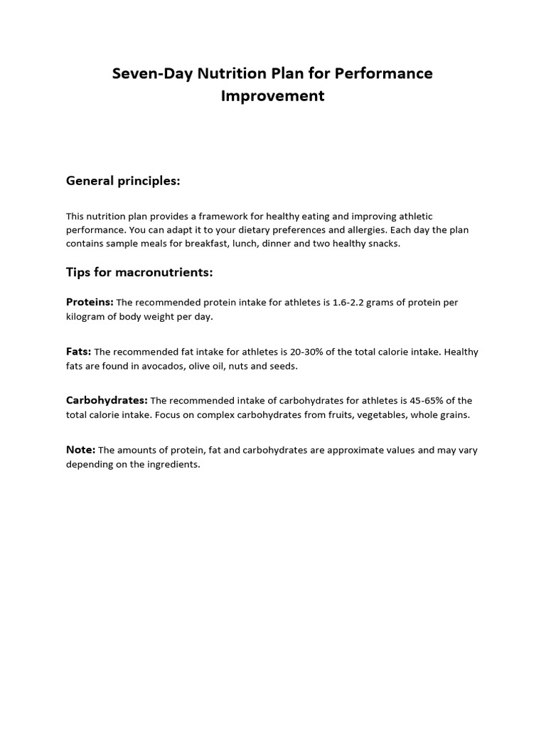 Seven-Day Nutrition Plan For Performance Improvement | PDF | Meal | Lunch