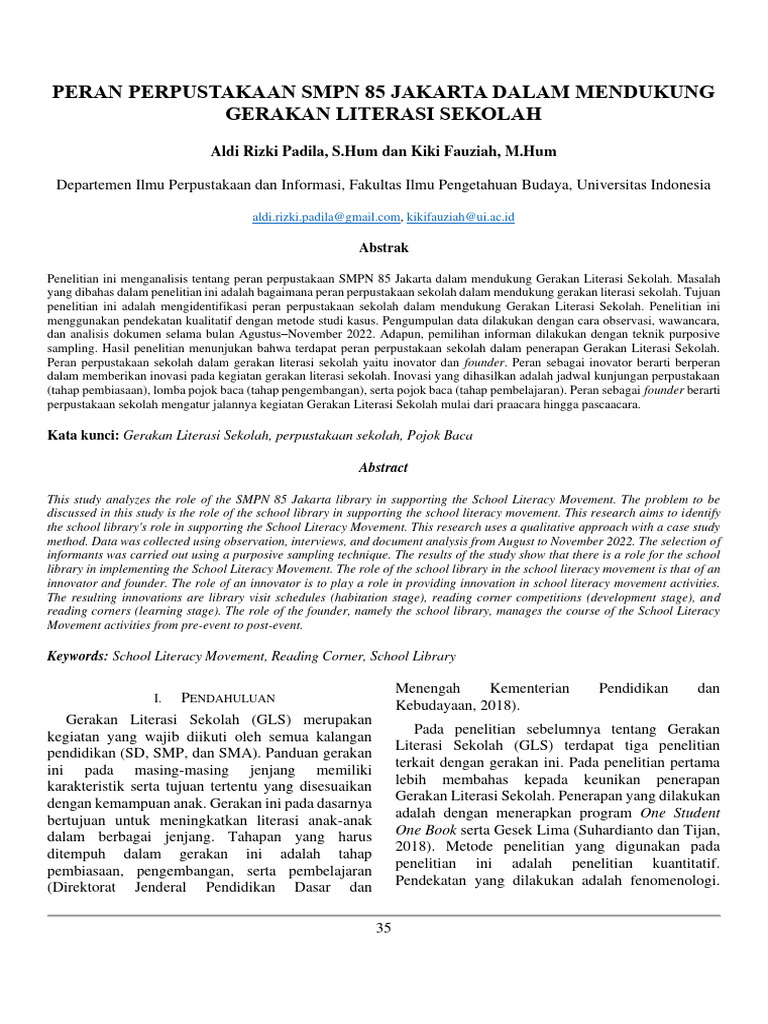 Peran Perpustakaan SMPN 85 Jakarta Dalam Mendukung Gerakan Litera | PDF | Seni & Disiplin Bahasa