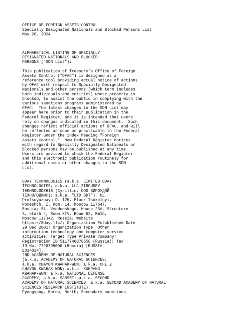 Sdnlist | PDF | Office Of Foreign Assets Control | Joint Stock Company