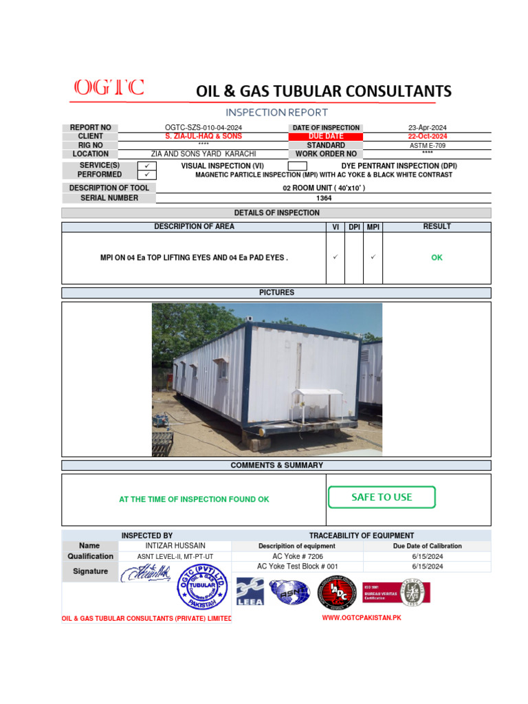 Mpi Reports - MPCL - Rig 6 - Main Camp 01st Phase Units | PDF | Calibration | Muhammad Zia Ul Haq