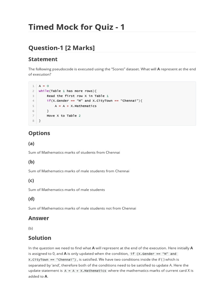 Timed Mock For Quiz 1 - Solution | PDF | Control Flow | Computer ...