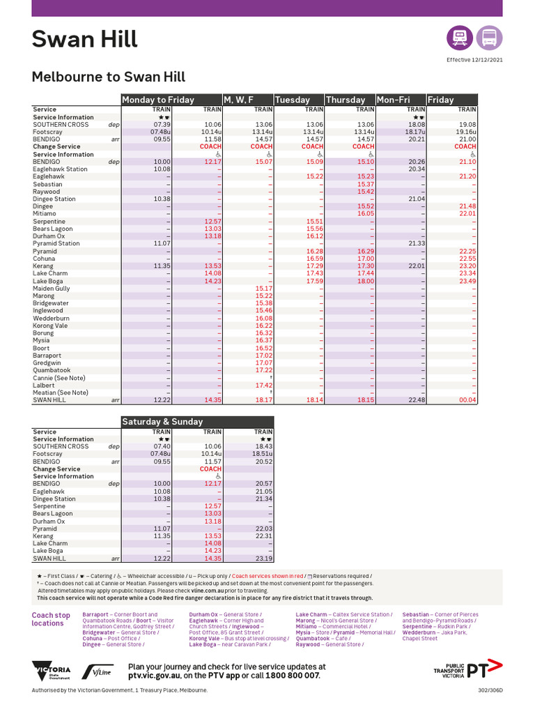 302 306 Swan Hill Timetable Web 121221 v2 | PDF | Transport | Public Transport