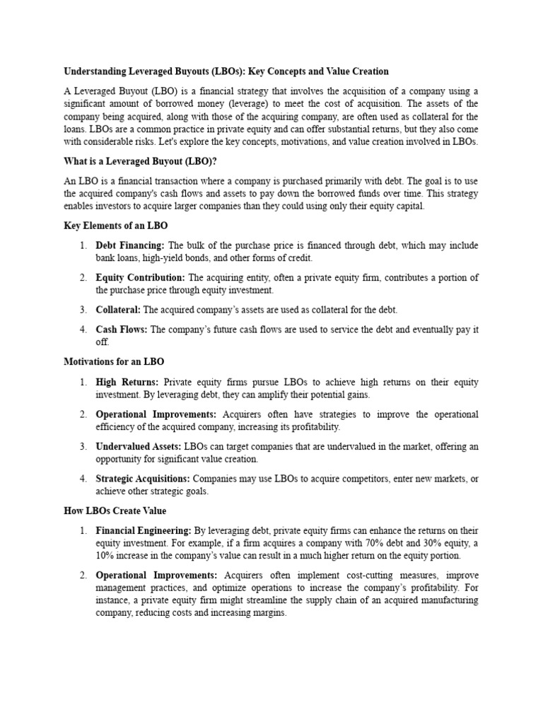 Understanding Leveraged Buyouts | PDF | Leveraged Buyout | Private Equity Understanding Leveraged Buyouts | PDF | Leveraged Buyout | Private Equity