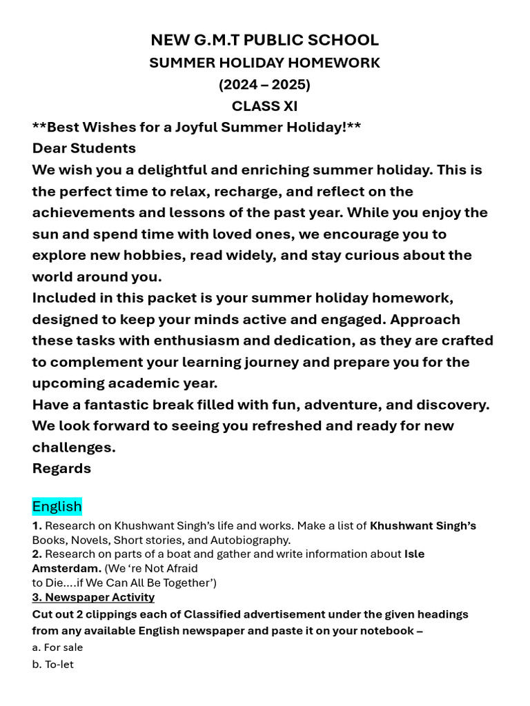 Holidays Homework For Class XI (2024-25) | PDF | Leaf | Acid