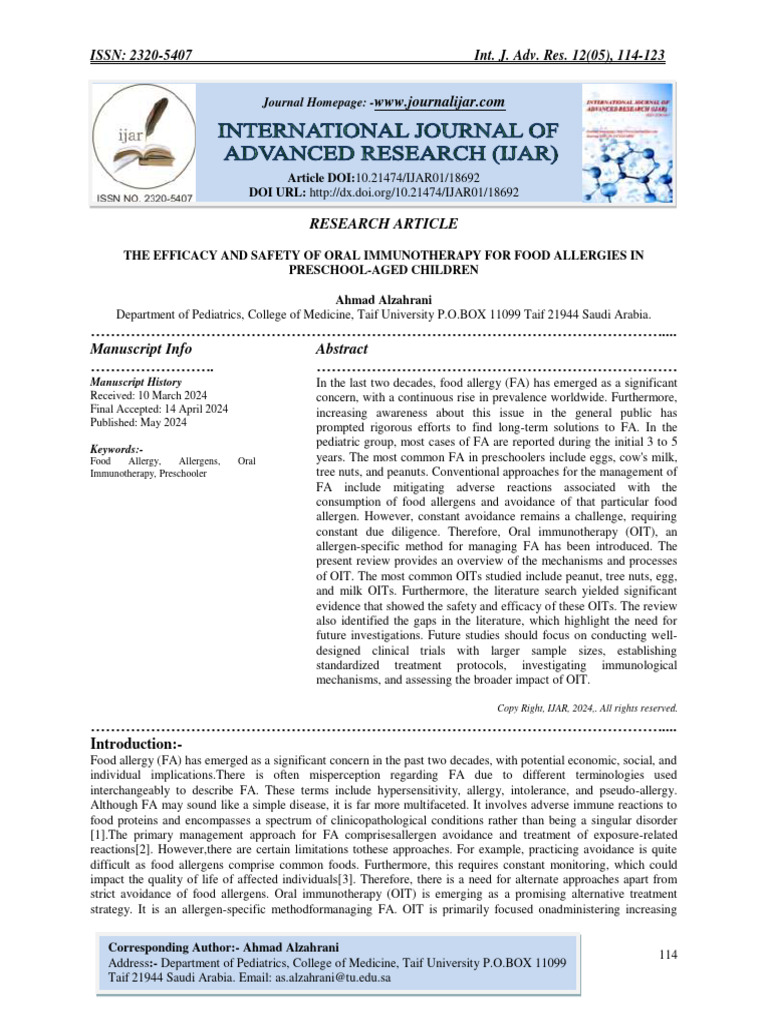 The Efficacy And Safety Of Oral Immunotherapy For Food Allergies In