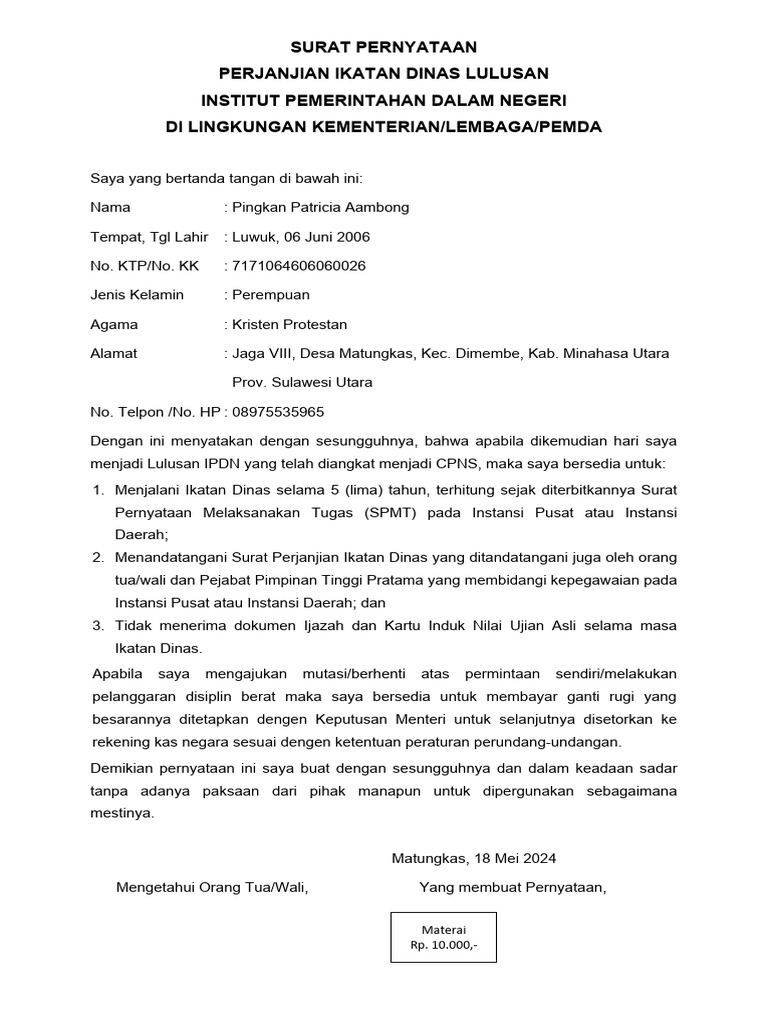 Surat Pernyataan Ikatan Dinas Pdf