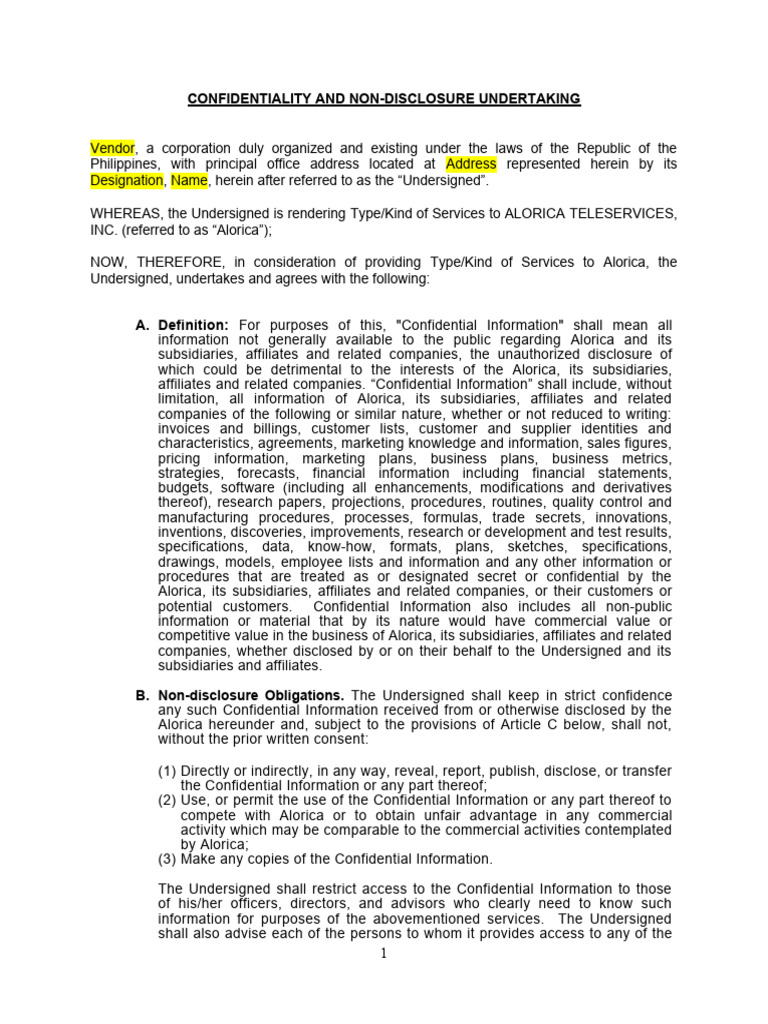 PH Alorica Entity - Vendor NDA (ATI Template) | Download Free PDF | Non ...