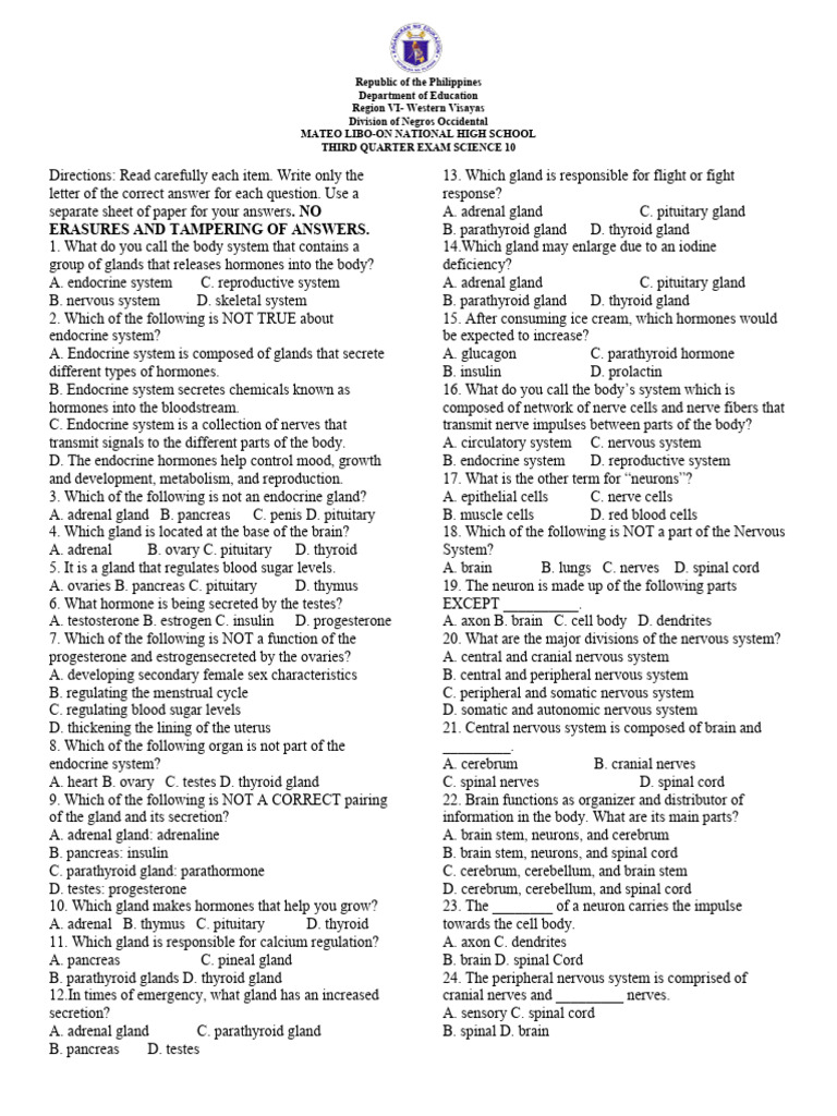 Grade10 Third Quarter Exam | PDF | Endocrine System | Nervous System