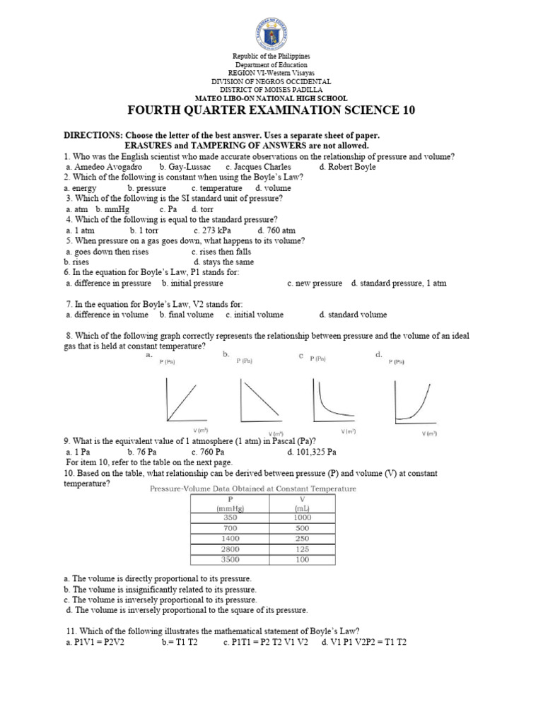 Science 10 Boyle's Law Exam | PDF | Gases | Pressure