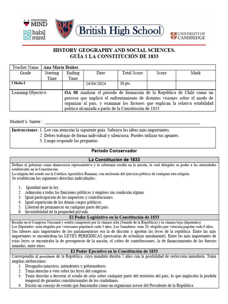 Guía 1 Constitución de 1833 I° MEDIO | PDF | Chile | Ciencias Políticas