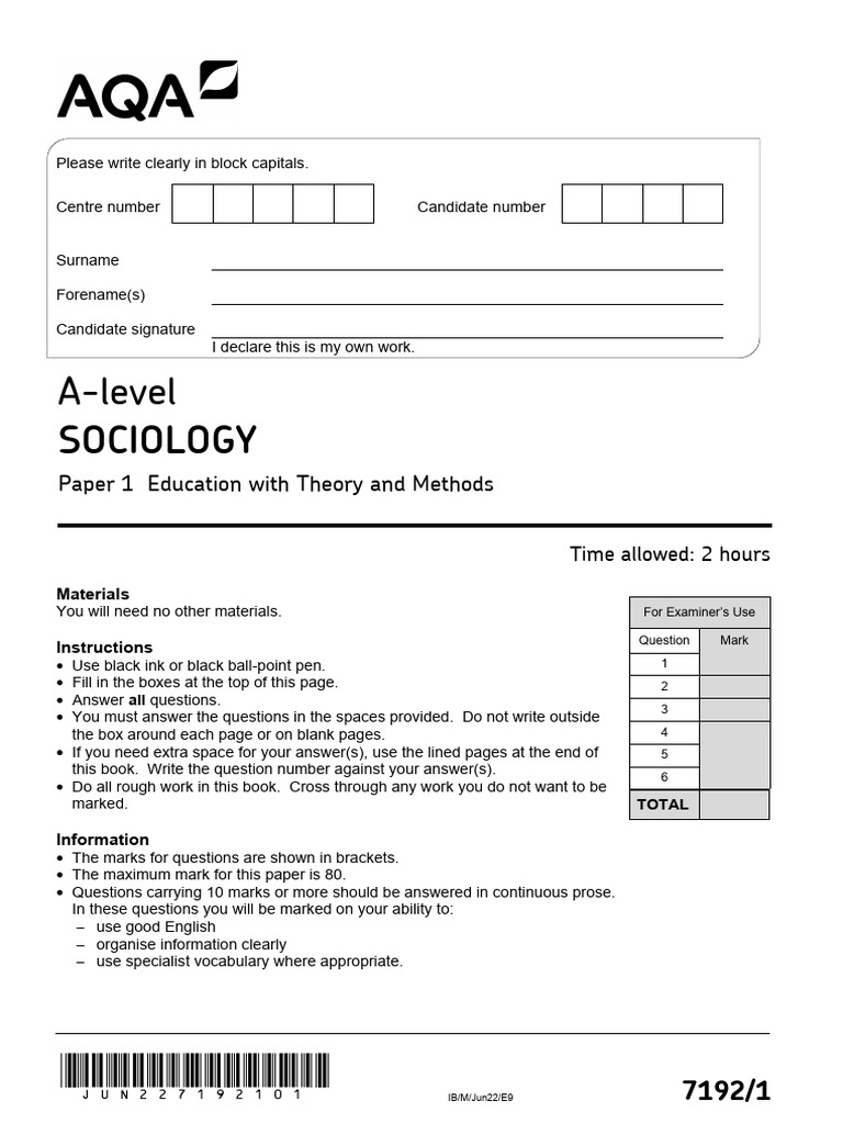 A-Level Sociology Exam Paper: Education | PDF | Reason | Cognition