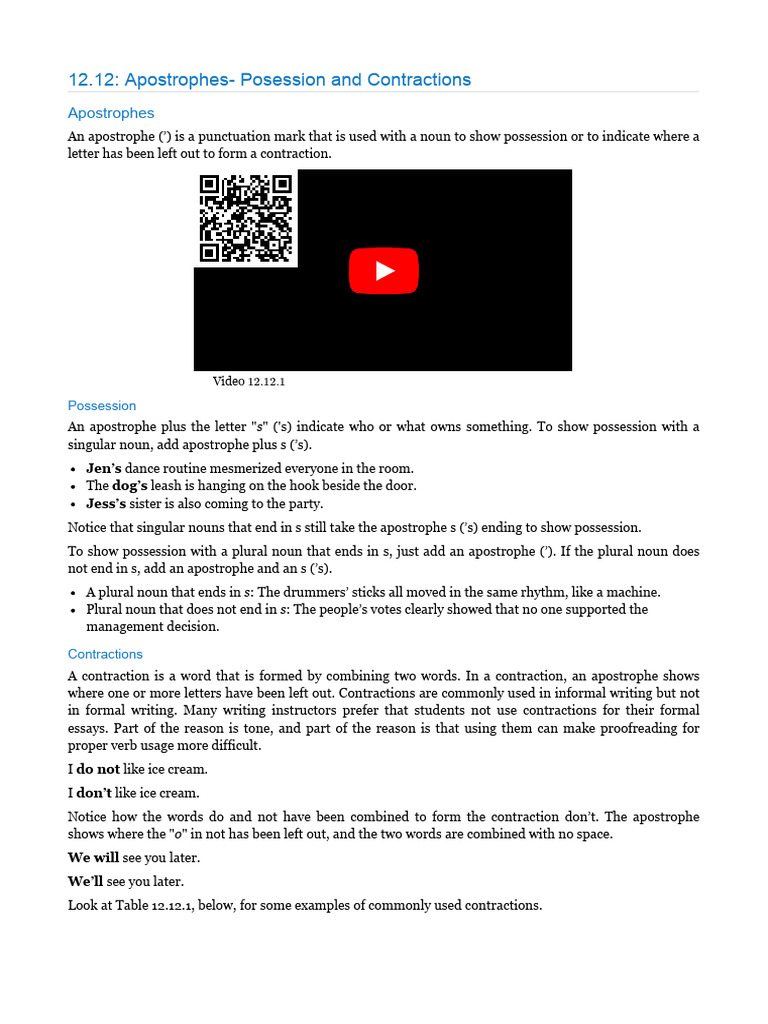 Apostrophes: Possession & Contractions Guide | PDF | Semantic Units ...