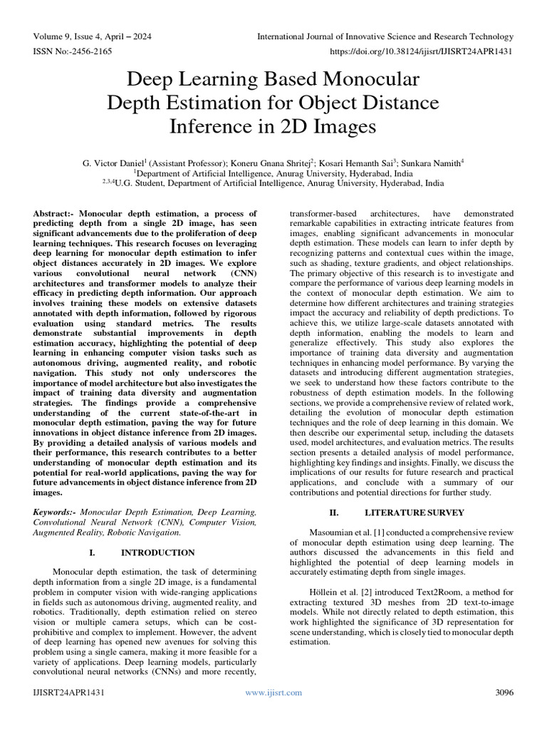 Deep Learning Based Monocular Depth Estimation For Object Distance Inference in 2D Images | PDF ...