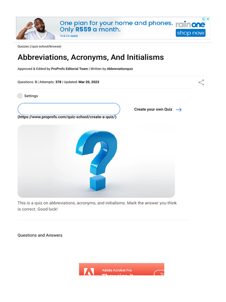 Abbreviations, Acronyms, and Initialisms - ProProfs Quiz | PDF ...