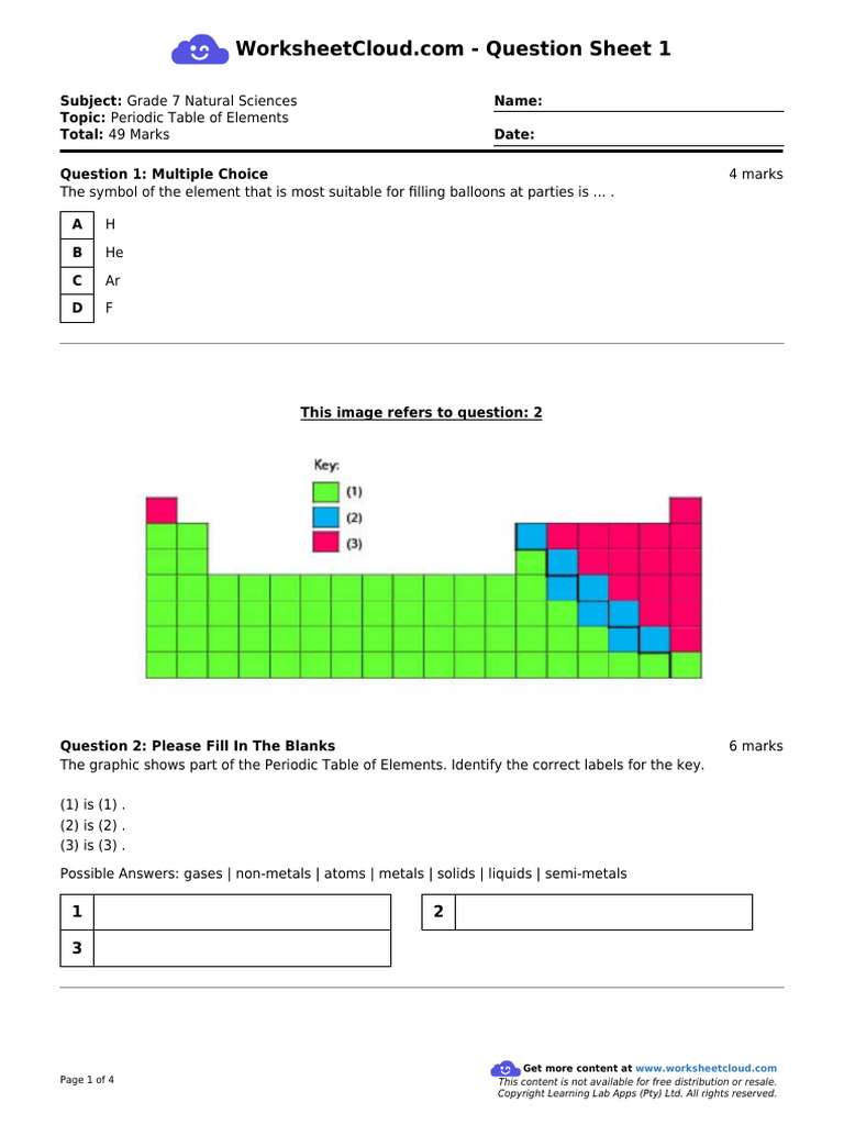 Periodic Table of Elements Worksheet1 | PDF | Chemical Elements ...